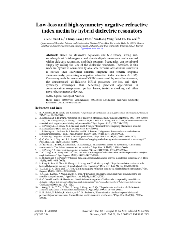 (PDF) Low-loss and high-symmetry negative refractive index media by ...