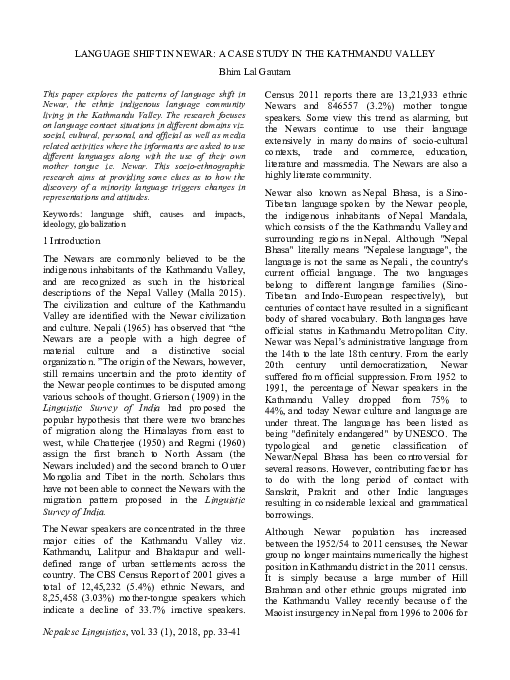 (PDF) Language shift in Newar: a case study in the Kathmandu Valley