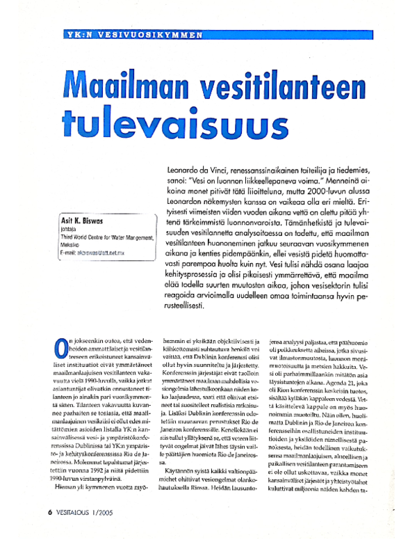 (PDF) Maailman vesitilanteen tulevaisuus | Prof. Asit K . Biswas ...
