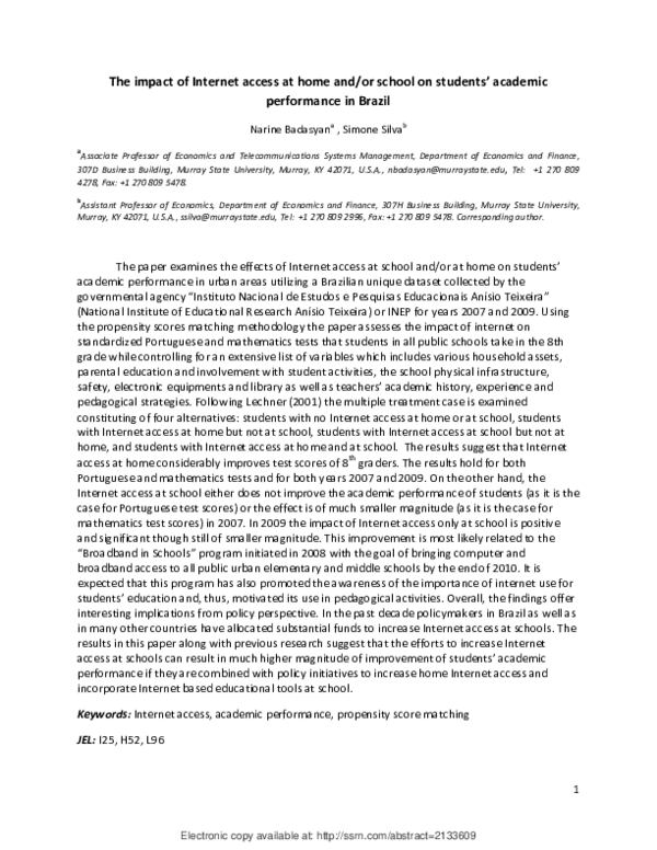 (PDF) The Impact of Internet Access at Home and/or School on Students ...