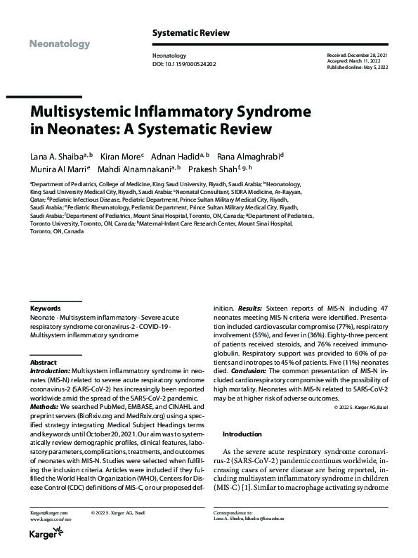 (PDF) Multisystemic Inflammatory Syndrome in Neonates: A Systematic Review