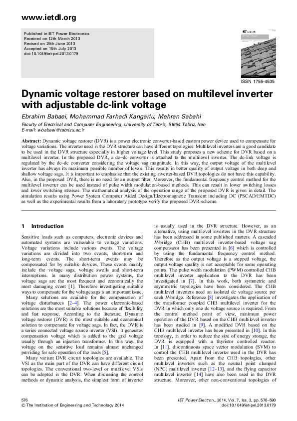 (PDF) Dynamic voltage restorer based on multilevel inverter with adjustable dc‐link voltage