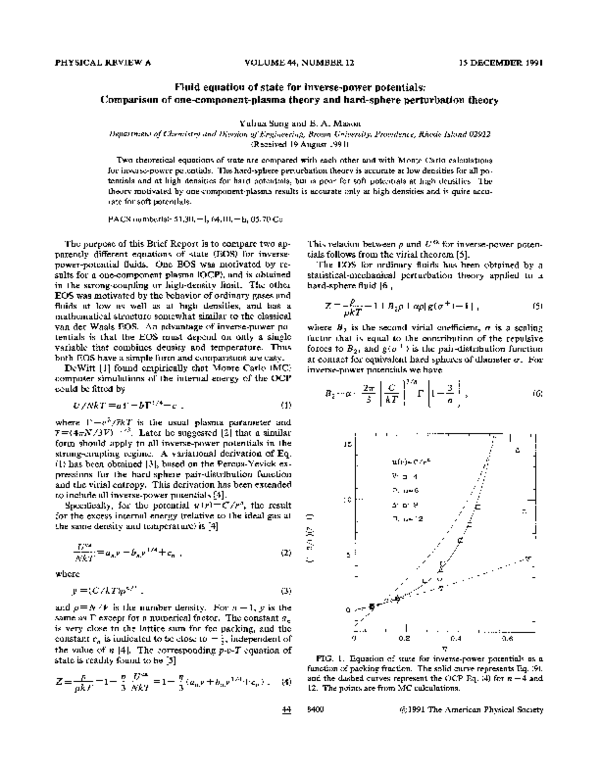 (PDF) Fluid equation of state for inverse-power potentials: Comparison of one-component-plasma ...