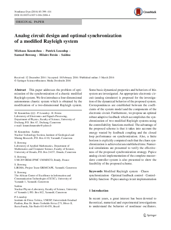 (PDF) Analog circuit design and optimal synchronization of a modified Rayleigh system