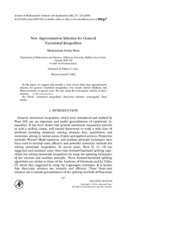 Pdf New Approximation Schemes For General Variational Inequalities Muhammad Aqib Noor