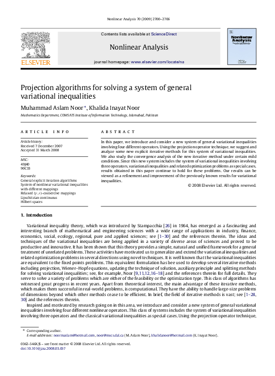 (PDF) Projection algorithms for solving a system of general variational inequalities