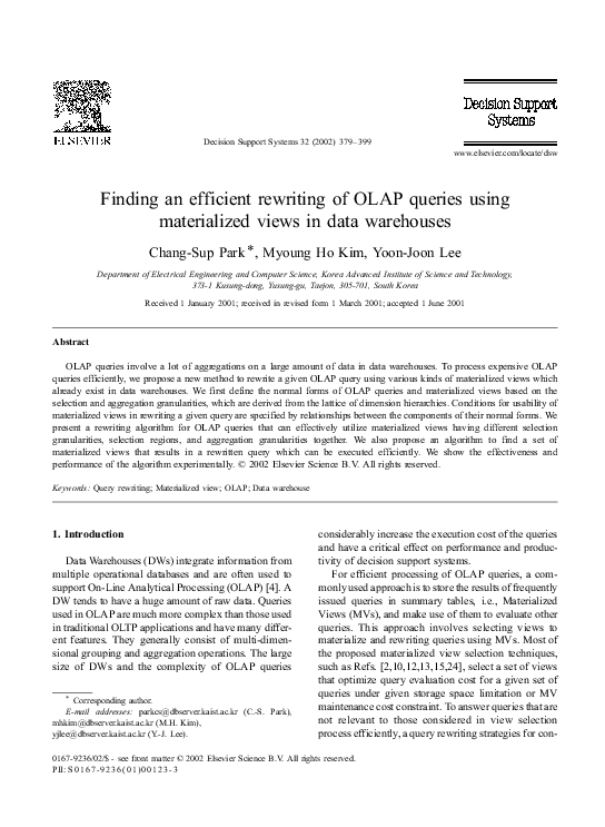 (PDF) Finding an efficient rewriting of OLAP queries using materialized ... (PDF) Finding an efficient rewriting of OLAP queries using materialized ...