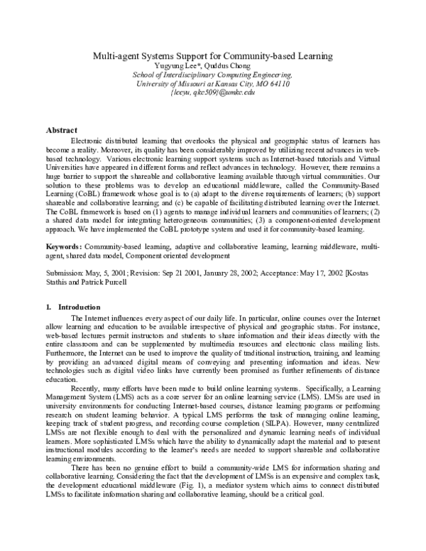 (PDF) Multi-agent systems support for Community-Based Learning
