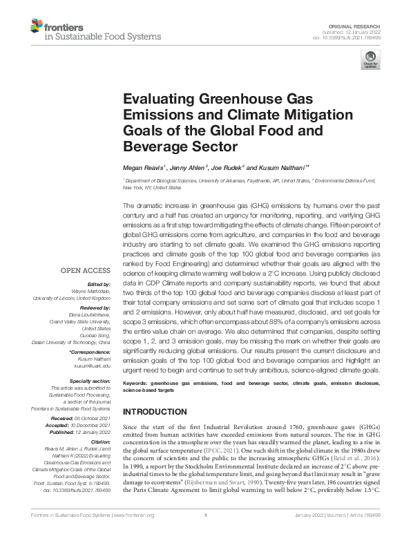 (PDF) Evaluating Greenhouse Gas Emissions and Climate Mitigation Goals of the Global Food and ...