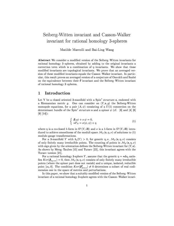 (PDF) Seiberg-Witten invariant and Casson-Walker invariant for rational ...