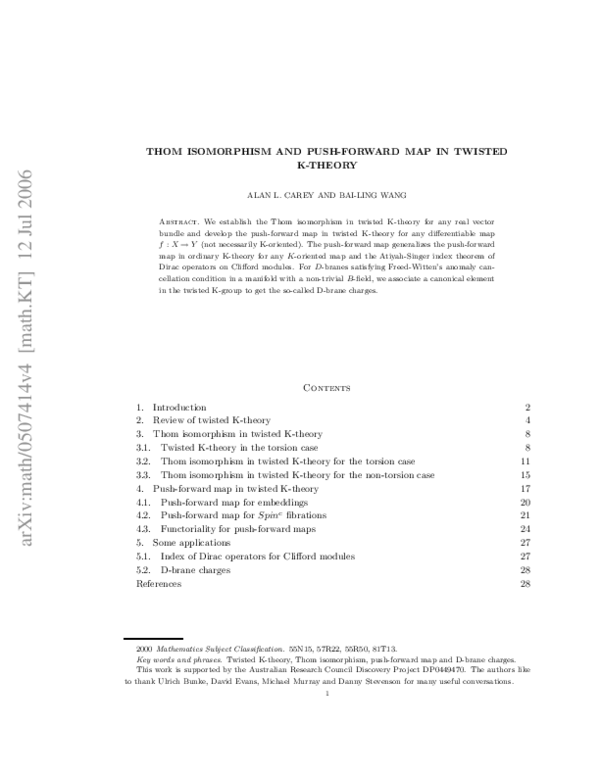 Pdf Thom Isomorphism And Push Forward Map In Twisted K Theory