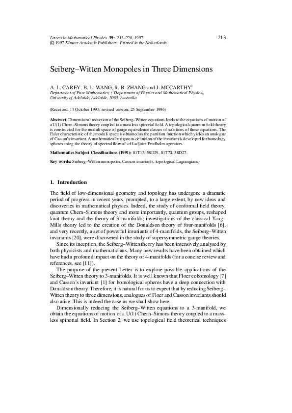 (PDF) Seiberg--Witten Monopoles in Three Dimensions