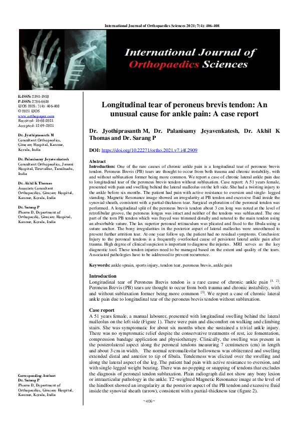 (PDF) Longitudinal tear of peroneus brevis tendon: An unusual cause for ...