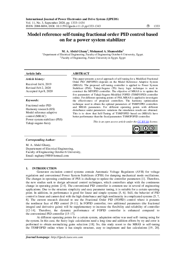 Pdf Model Reference Self Tuning Fractional Order Pid Control Based On For A Power System