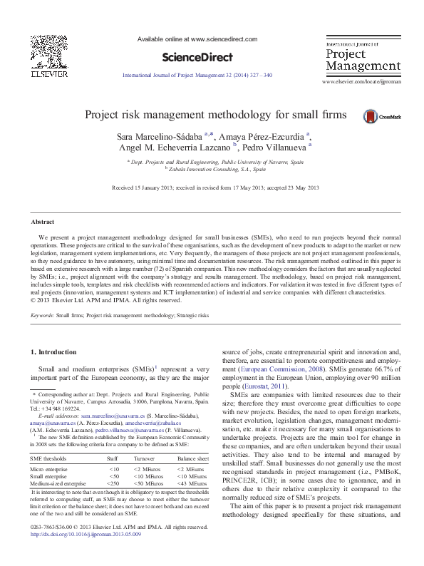 (PDF) Project risk management methodology for small firms