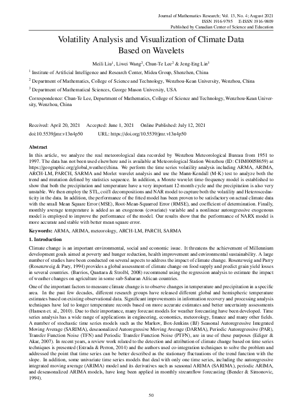 (PDF) Volatility Analysis and Visualization of Climate Data Based on Wavelets