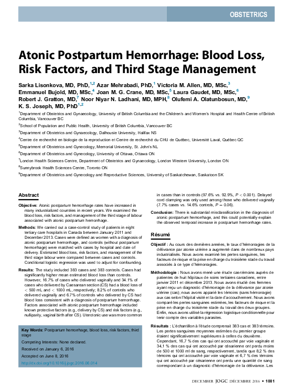 (PDF) Atonic Postpartum Hemorrhage: Blood Loss, Risk Factors, and Third ...