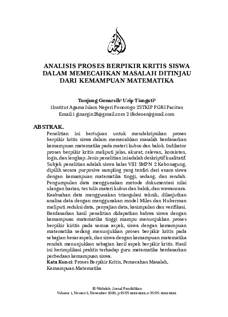 (PDF) Analisis Proses Berpikir Kritis Siswa Dalam Memecahkan Masalah Ditinjau Dari Kemampuan ...