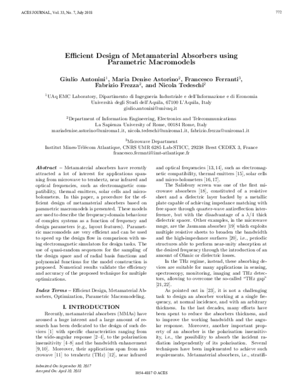 Pdf Efficient Design Of Metamaterial Absorbers Using Parametric Macromodels Maria Astorino