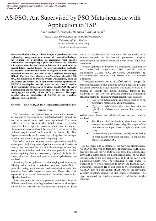 (PDF) AS-PSO, Ant Supervised by PSO Meta-heuristic with Application to TSP