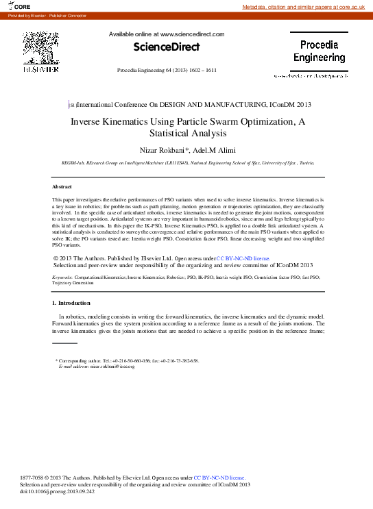 Pdf Inverse Kinematics Using Particle Swarm Optimization A
