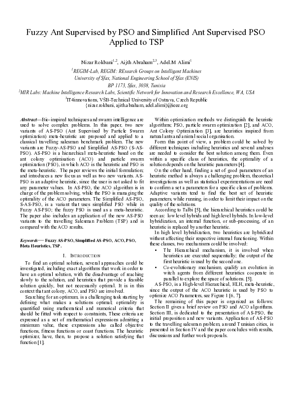 (PDF) Fuzzy Ant Supervised by PSO and simplified ant supervised PSO applied to TSP