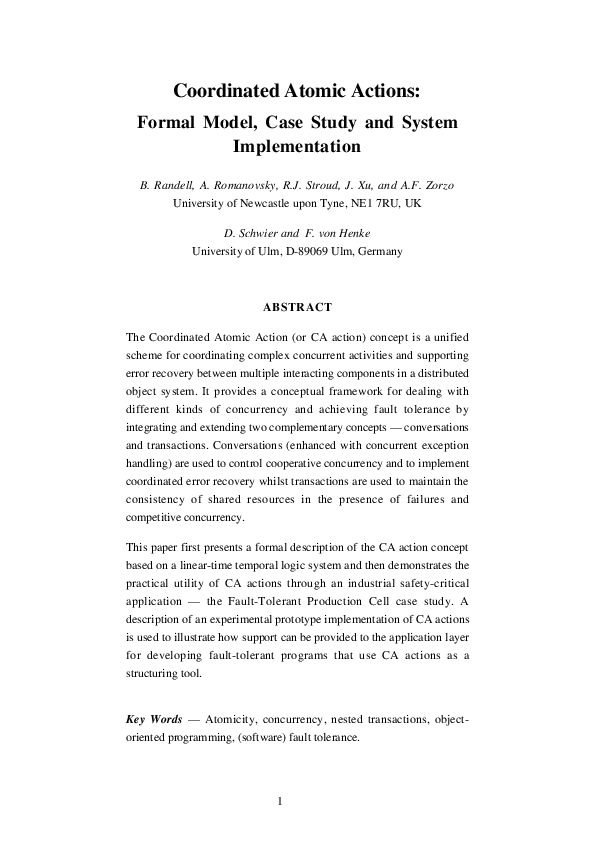 (PDF) Coordinated Atomic Actions: Formal Model, Case Study and System Implementation