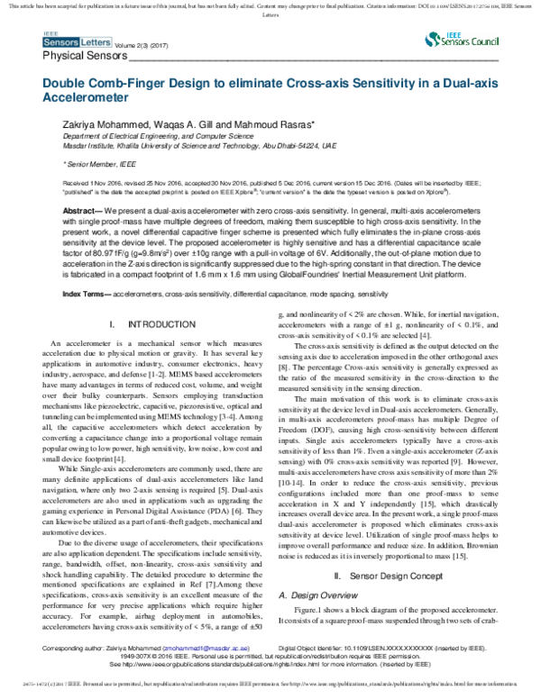 Pdf Double Comb Finger Design To Eliminate Cross Axis Sensitivity In A Dual Axis Accelerometer