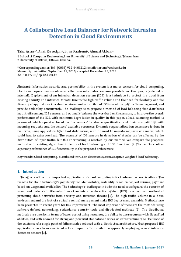 (PDF) A Collaborative Load Balancer for Network Intrusion Detection in Cloud Environments