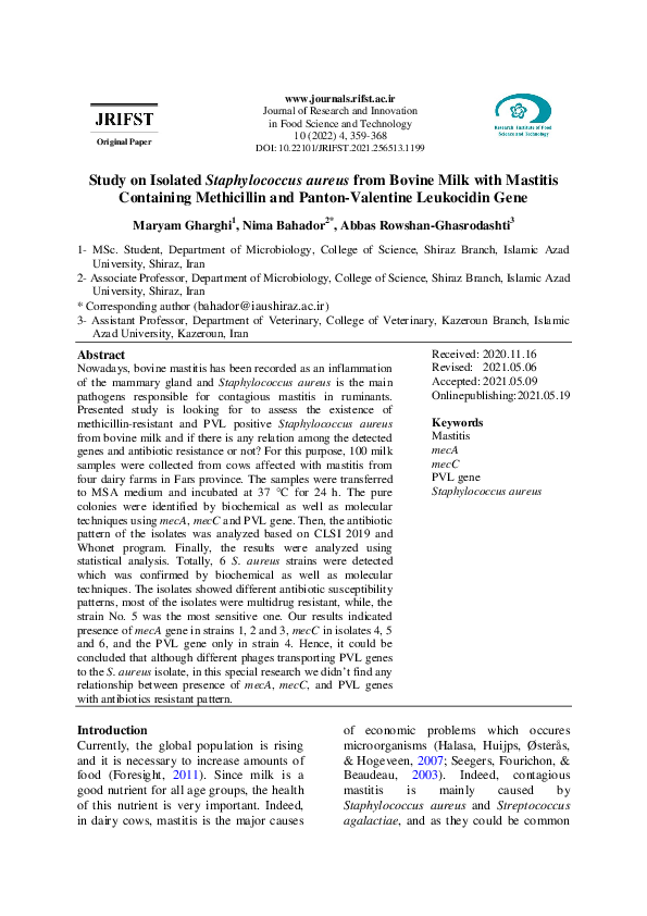 (PDF) Study on isolated Staphylococcus aureus from bovine milk with mastitis containing ...