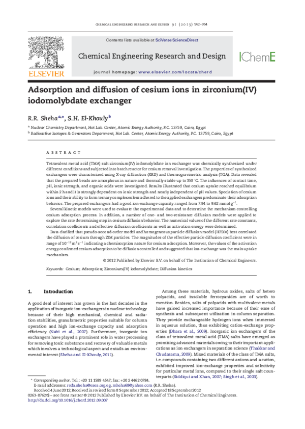 (PDF) Adsorption and diffusion of cesium ions in zirconium(IV) iodomolybdate exchanger
