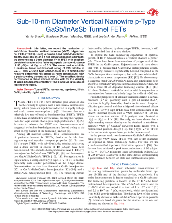 Pdf Sub 10 Nm Diameter Vertical Nanowire P Type Gasb Inassb Tunnel Fets
