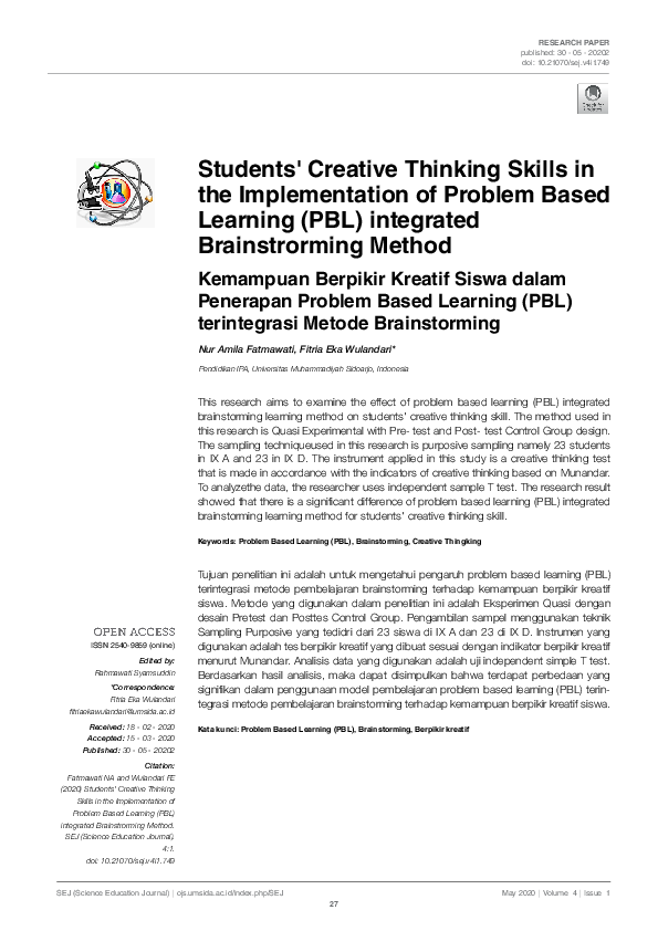 (PDF) Students' Creative Thinking Skills in the Implementation of Problem Based Learning (PBL ...