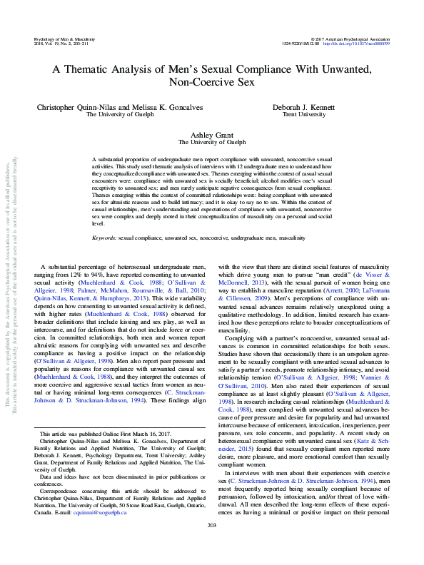 Pdf A Thematic Analysis Of Mens Sexual Compliance With Unwanted Non Coercive Sex
