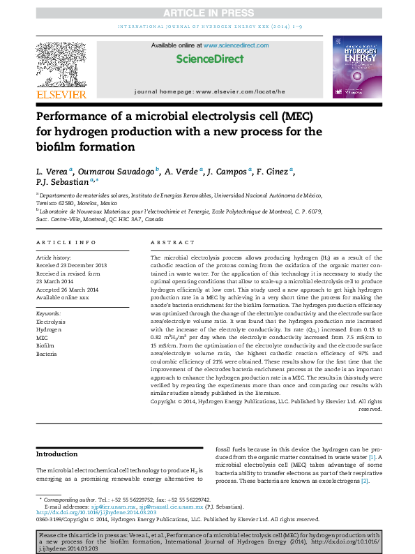 (PDF) Performance of a microbial electrolysis cell (MEC) for hydrogen ...