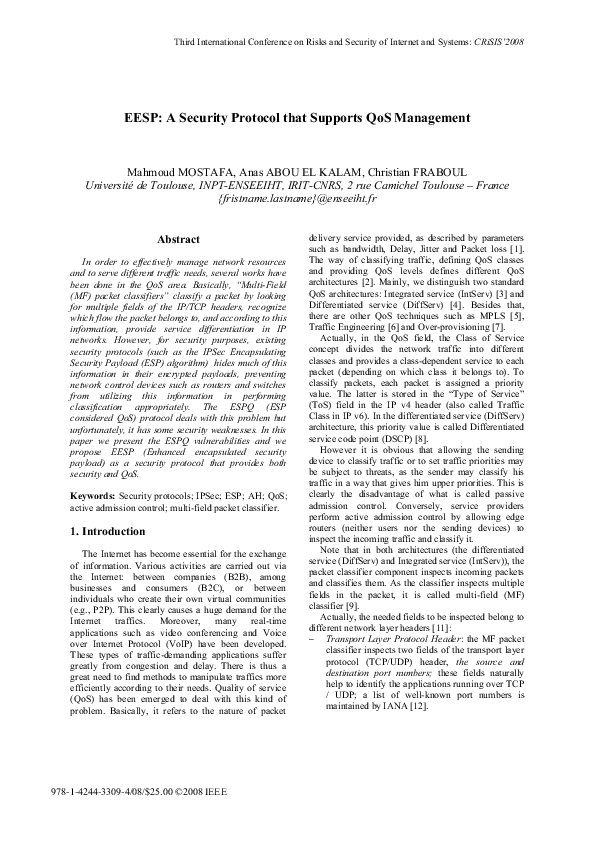 Pdf Eesp A Security Protocol That Supports Qos Management