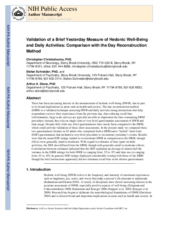 (PDF) Validation of a Brief Yesterday Measure of Hedonic Well-Being and ...