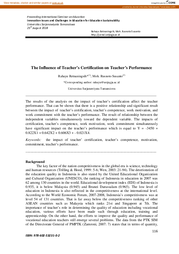 (PDF) The Influence of Teacher’s Certification on Teacher’s Performance