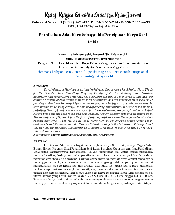(PDF) Pernikahan Adat Karo sebagai Ide Penciptaan Karya Seni Lukis