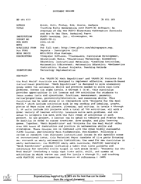 (PDF) Teaching Early Mathematics with PLATO [R] Software: An Overview ...