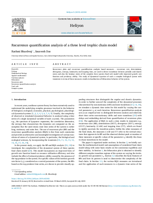 (PDF) Recurrence quantification analysis of a three level trophic chain model