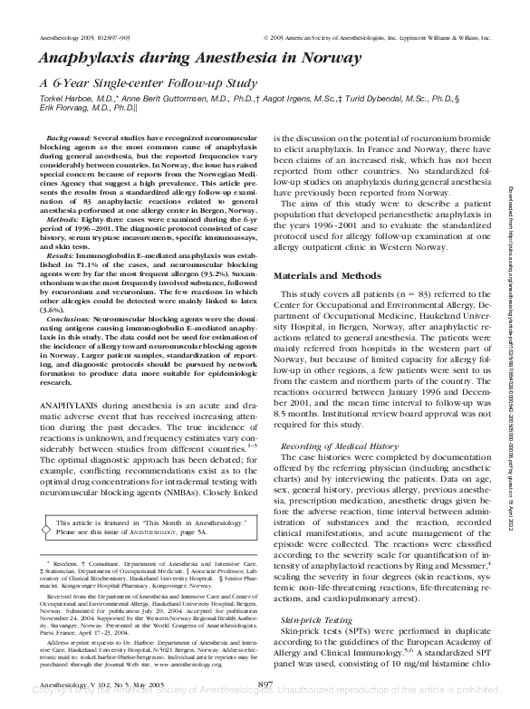(PDF) Anaphylaxis during Anesthesia in Norway | Erik Florvaag ...