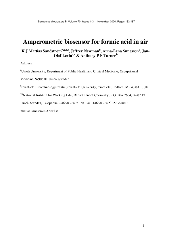 (PDF) Biosensor for Real-Time Monitoring of Formic Acid in Air