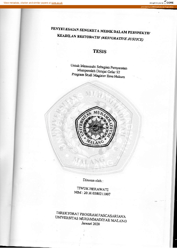 (PDF) Penyelesaian Sengketa Medik Dalam Perspektifkeadilan Restoratif (Restorative Justice)