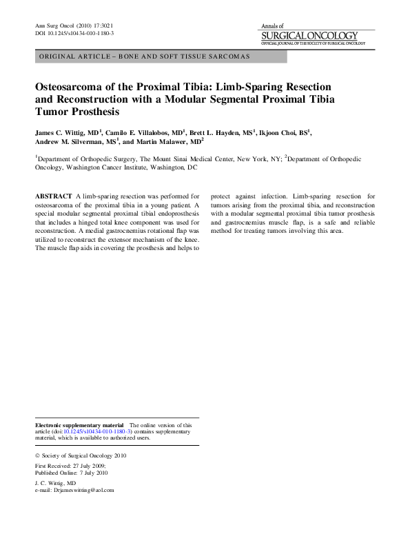 (PDF) Osteosarcoma of the Proximal Tibia: Limb-Sparing Resection and ...