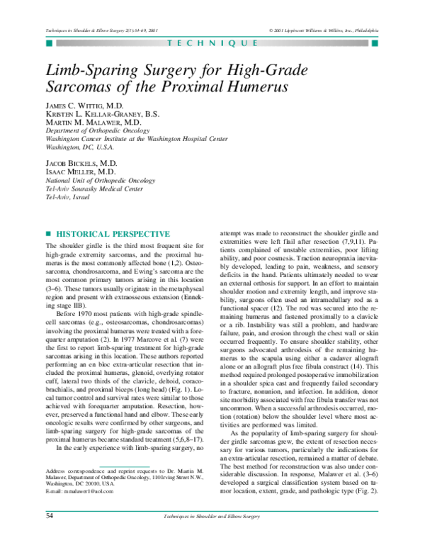 (PDF) Limb-Sparing Surgery for High-Grade Sarcomas of the Proximal Humerus