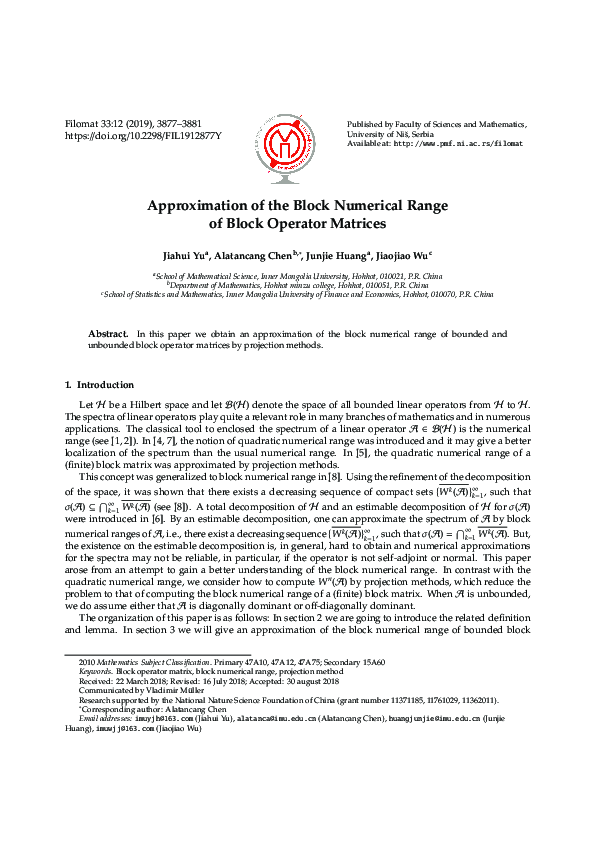 Pdf Approximation Of The Quadratic Numerical Range Of Block Operator Matrices