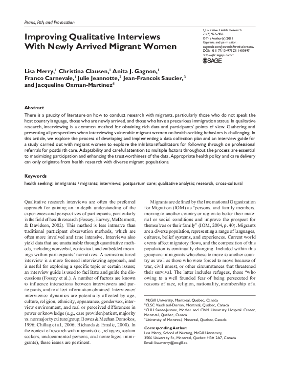 (PDF) Improving Qualitative Interviews With Newly Arrived Migrant Women
