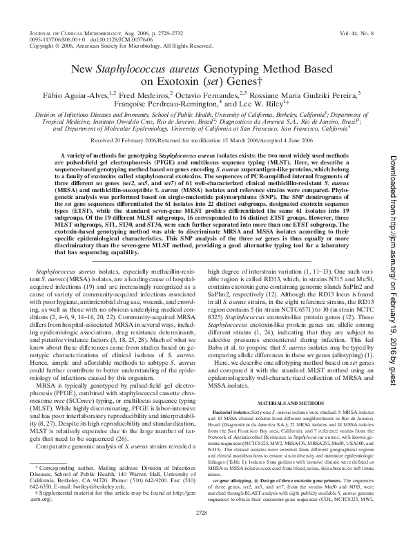 Pdf New Staphylococcus Aureus Genotyping Method Based On Exotoxin Set Genes