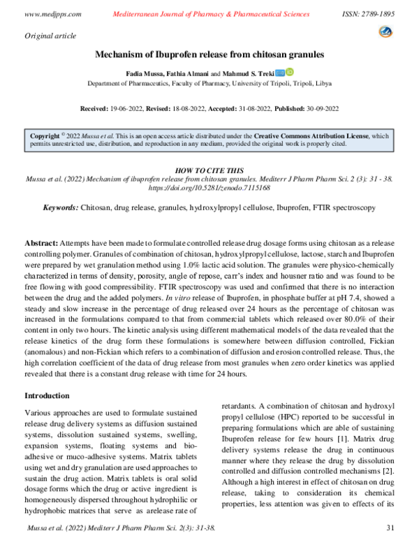 (PDF) Mechanism of Ibuprofen release from chitosan granules